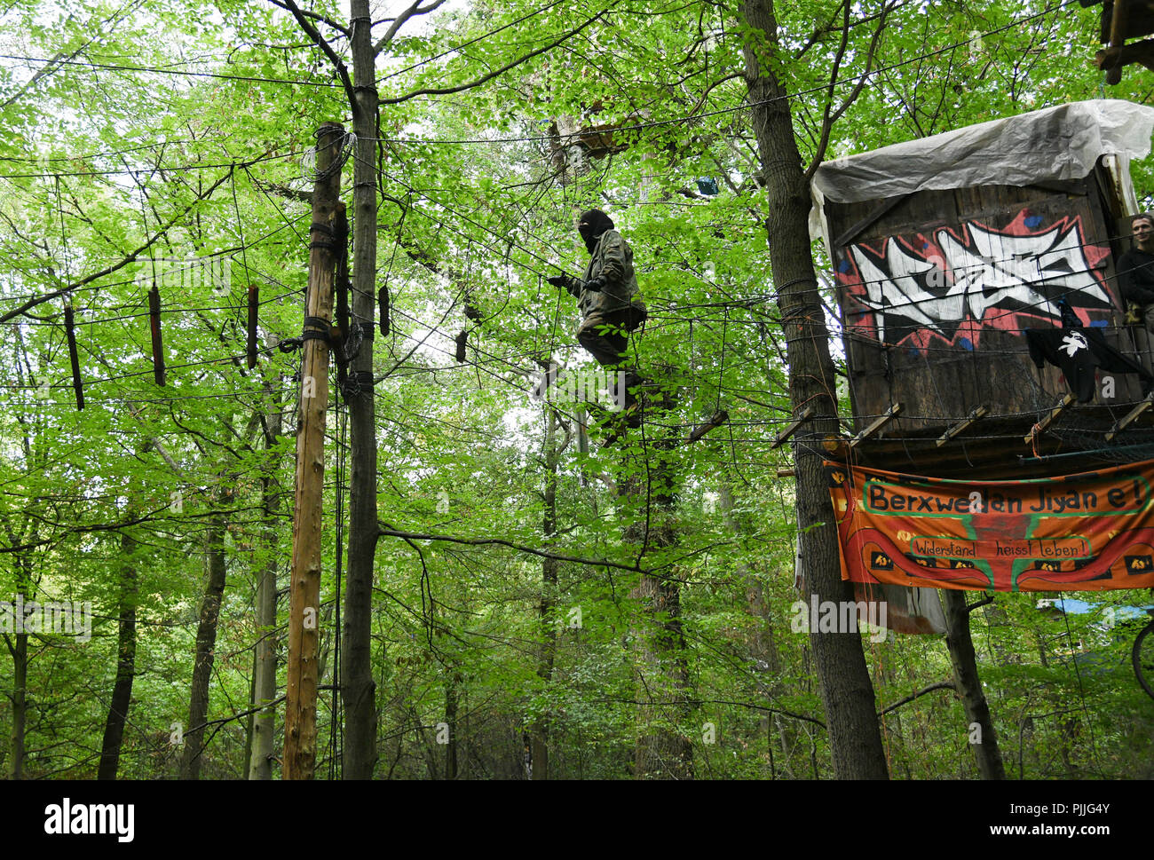 Kerpen, Germany. 07th Sep, 2018. An activist moves on the rope bridges ...