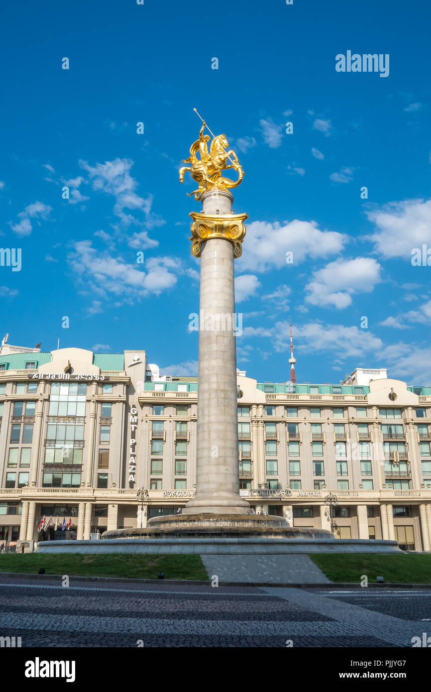 Tbilisi, Georgia - 30.08.2018: Golden statue of St. George on the main ...