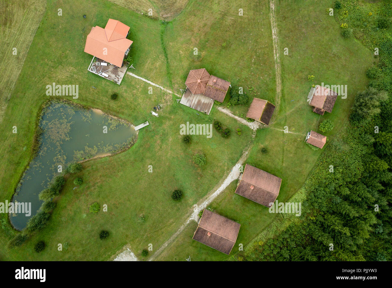 drone image. aerial view of rural area with fields and forests. camping ...