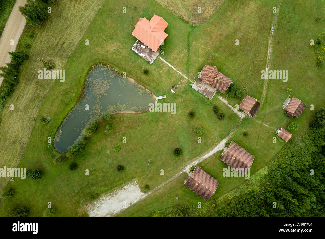 drone image. aerial view of rural area with fields and forests. camping ...