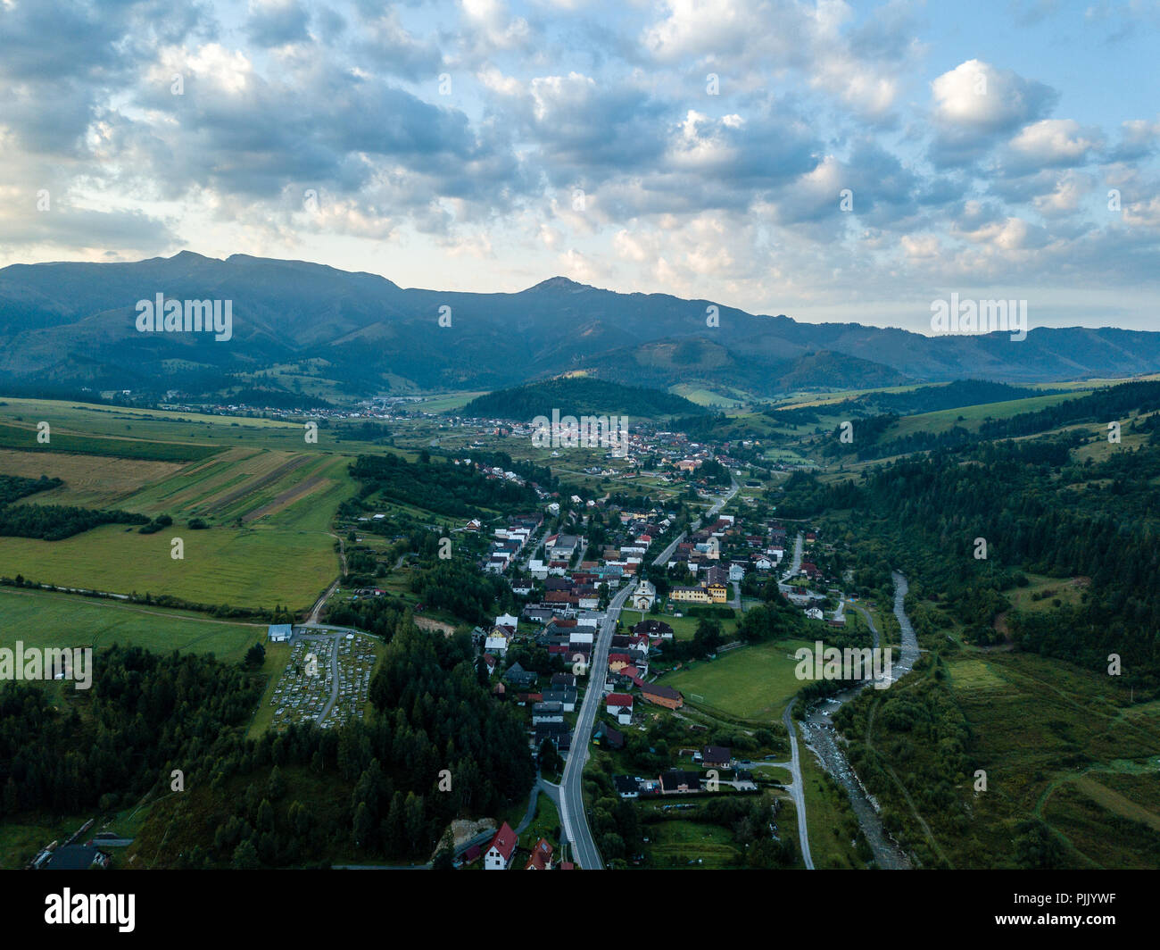 drone image. aerial view of rural mountain area in Slovakia, villages ...