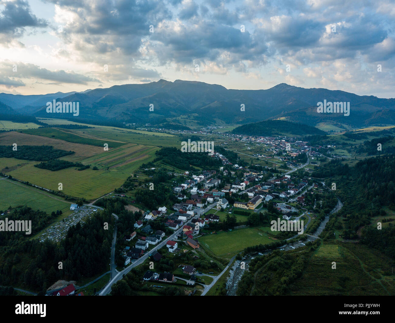 drone image. aerial view of rural mountain area in Slovakia, villages ...