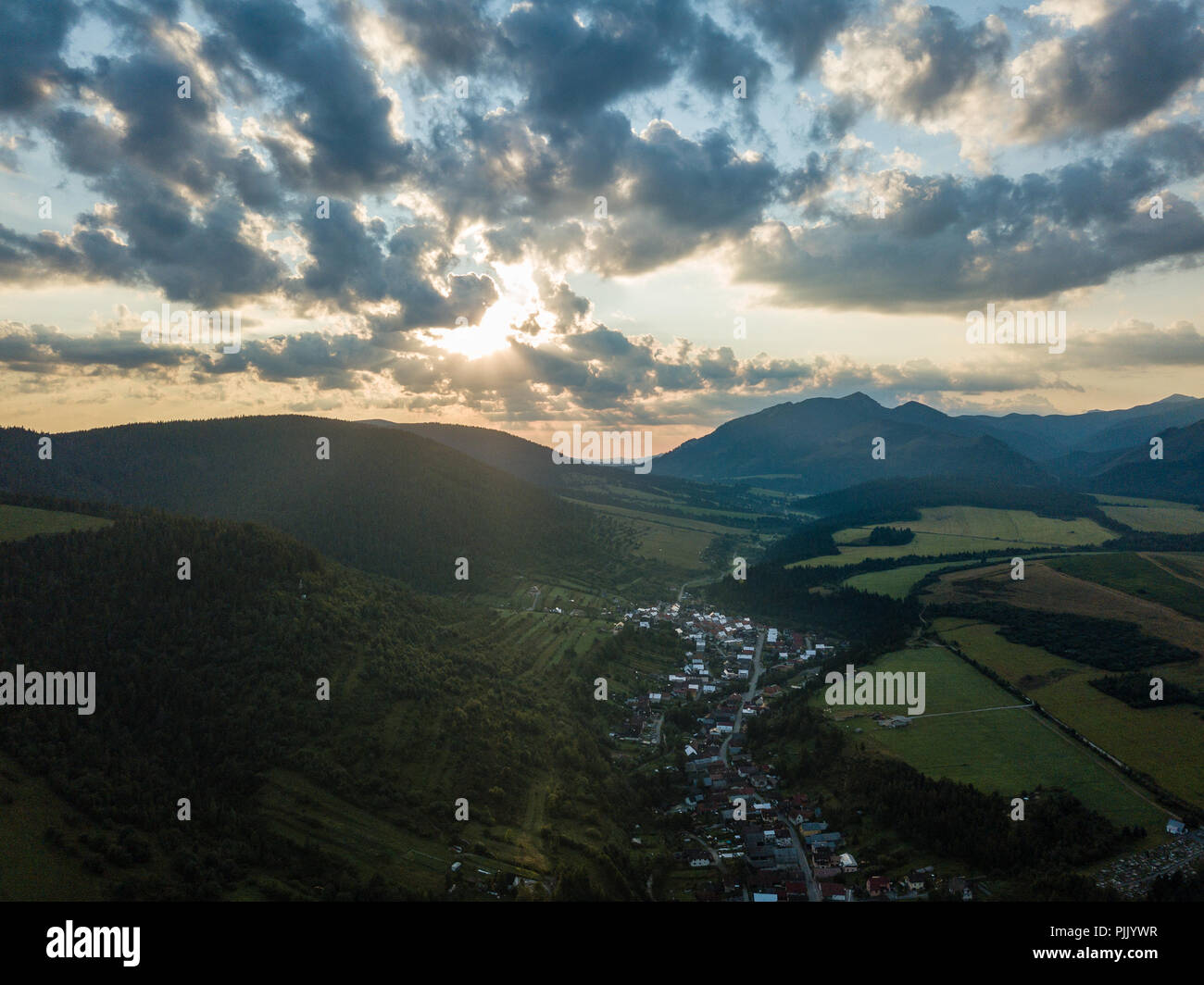 drone image. aerial view of rural mountain area in Slovakia, villages ...