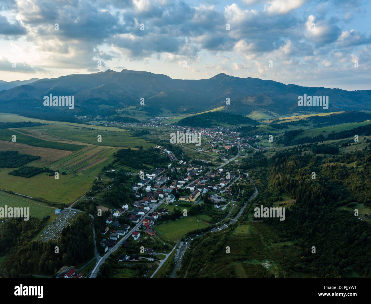 drone image. aerial view of rural mountain area in Slovakia, villages ...