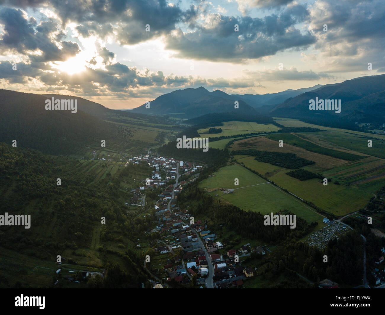 drone image. aerial view of rural mountain area in Slovakia, villages ...