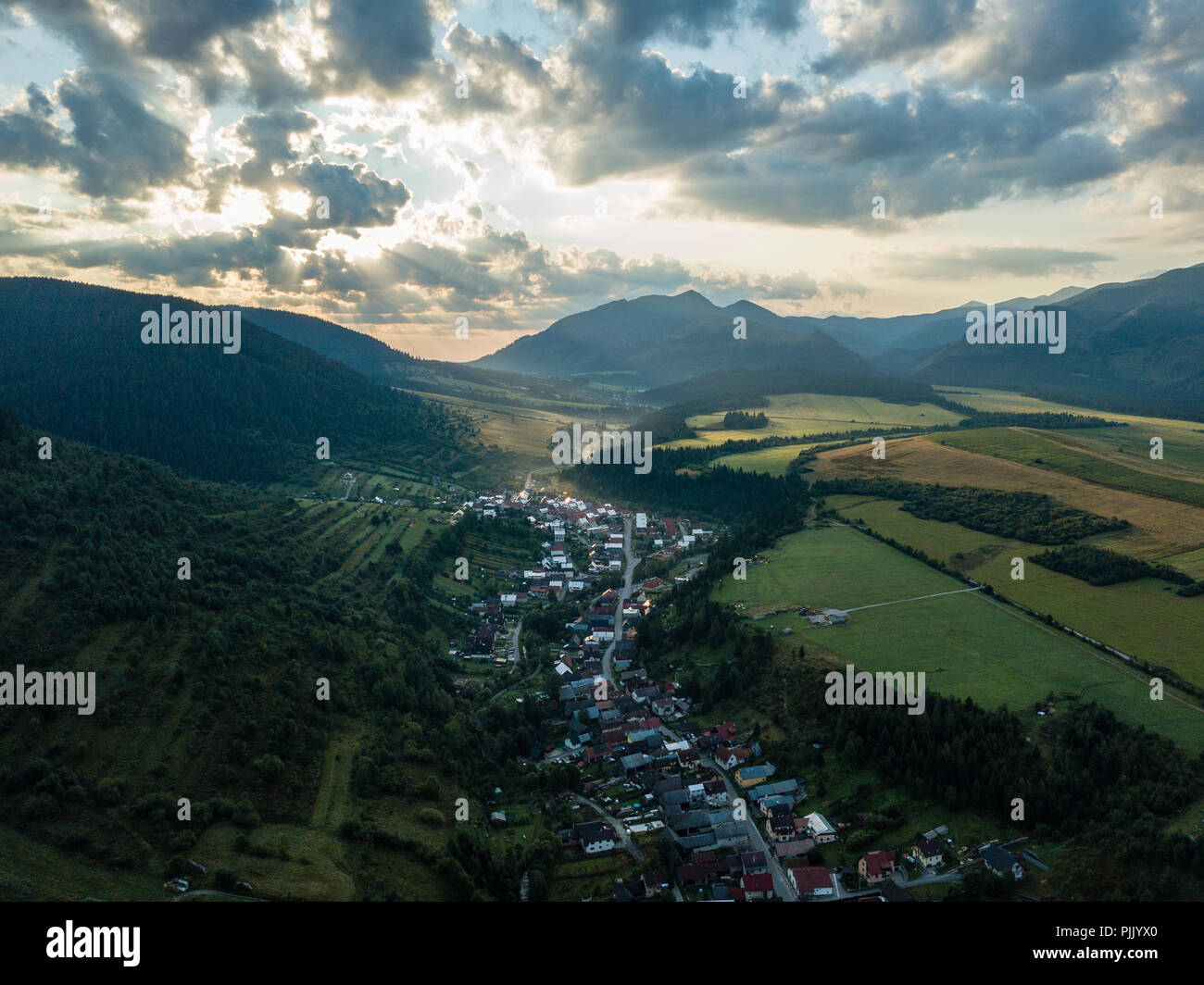 drone image. aerial view of rural mountain area in Slovakia, villages ...
