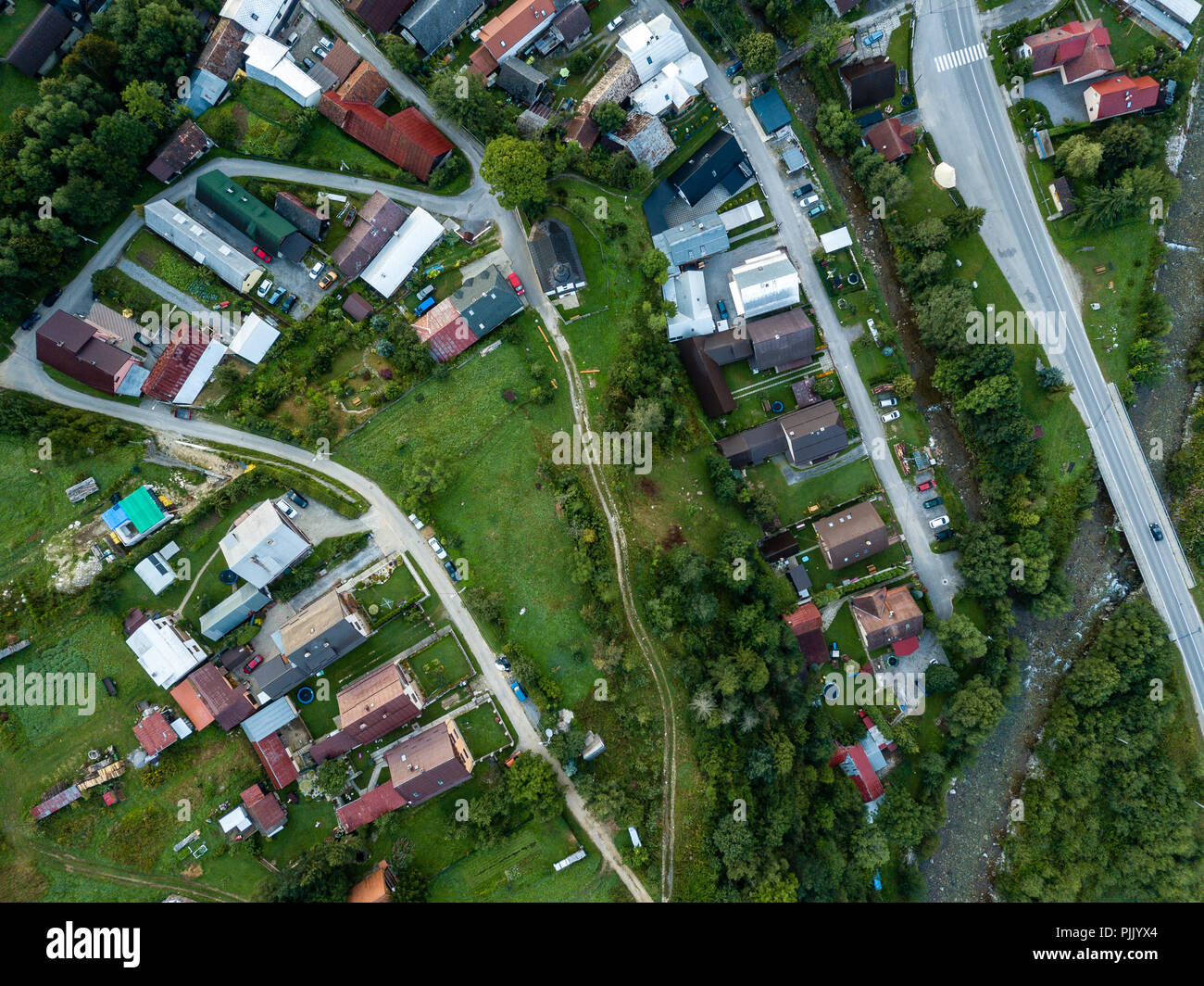 drone image. aerial view of rural mountain area in Slovakia, villages ...