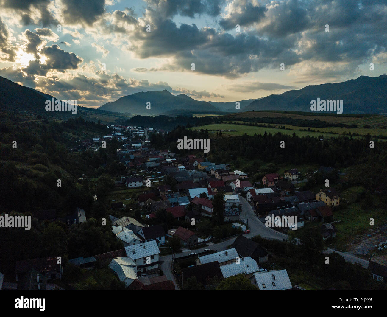 drone image. aerial view of rural mountain area in Slovakia, villages ...