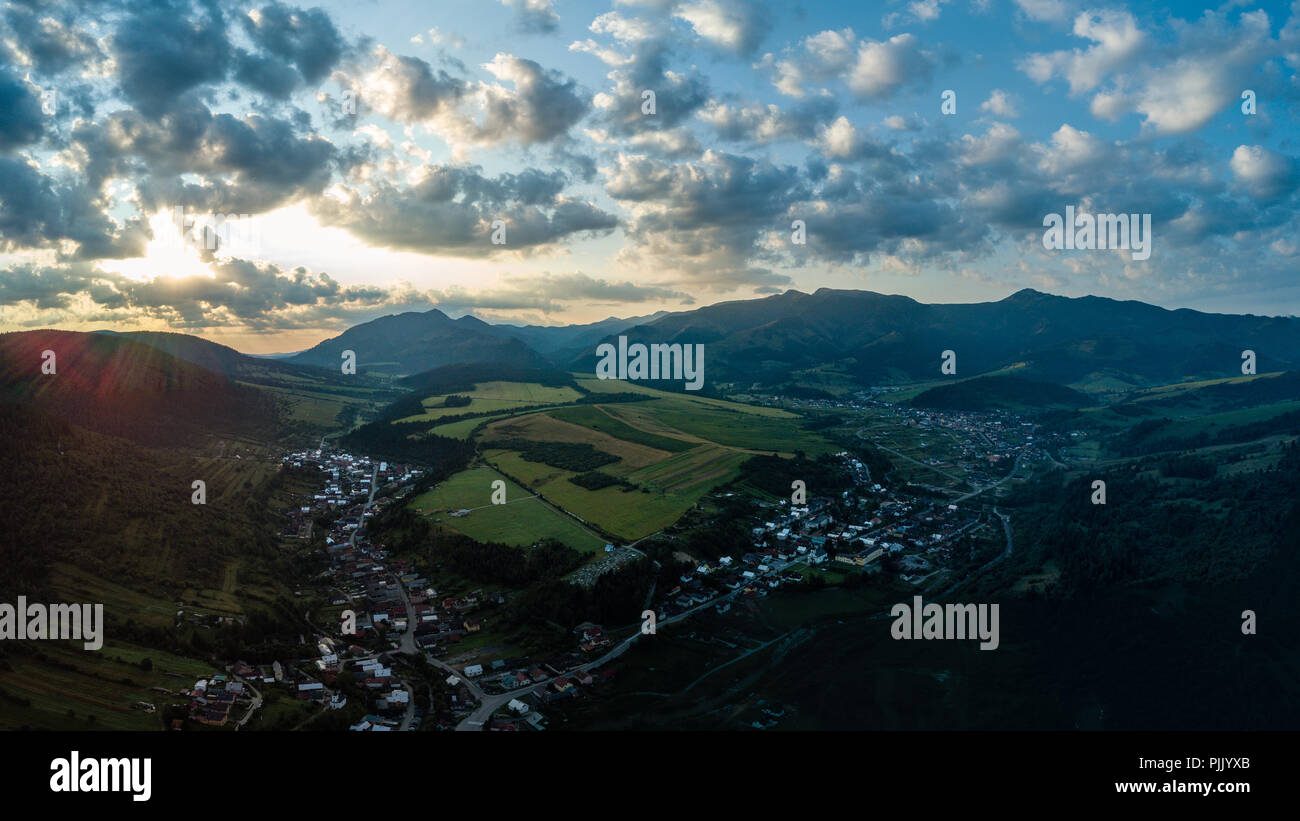 drone image. aerial view of rural mountain area in Slovakia, villages ...