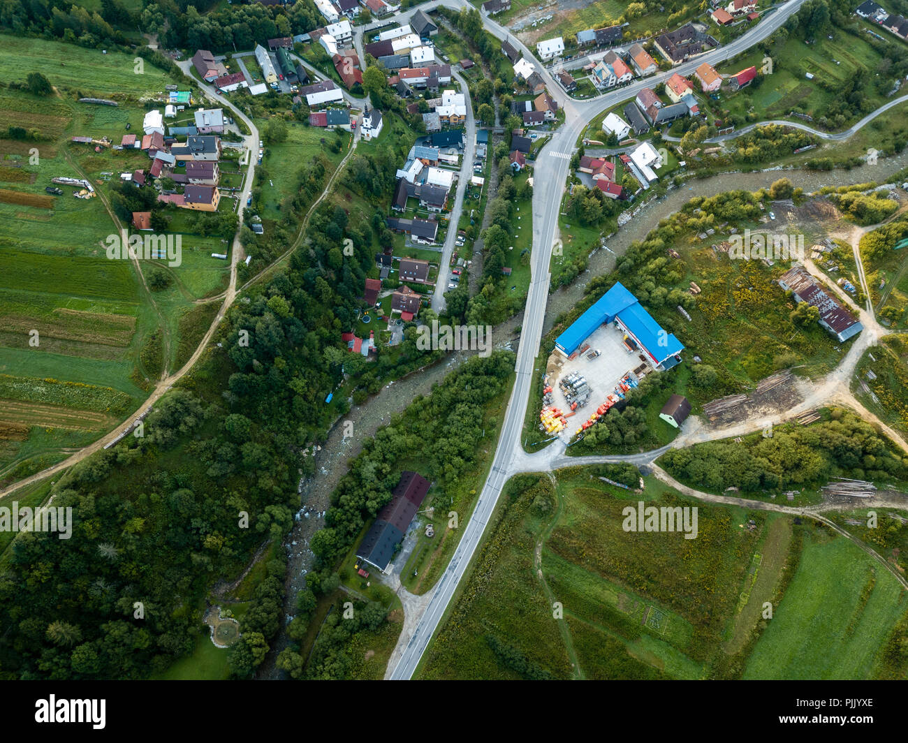 drone image. aerial view of rural mountain area in Slovakia, villages ...