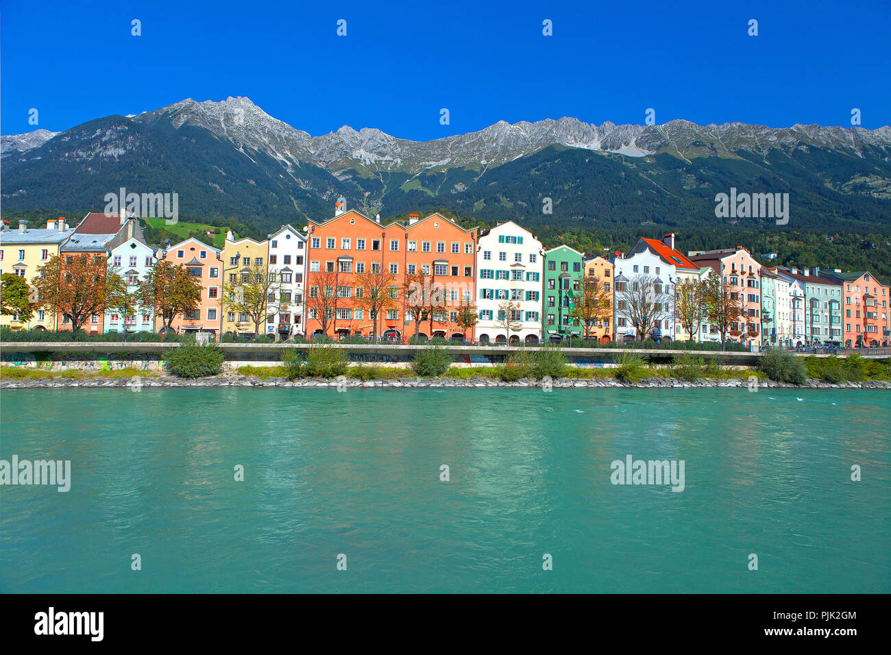 Austria, Tyrol, Innsbruck, left Inn shore with Karwendel Stock Photo ...