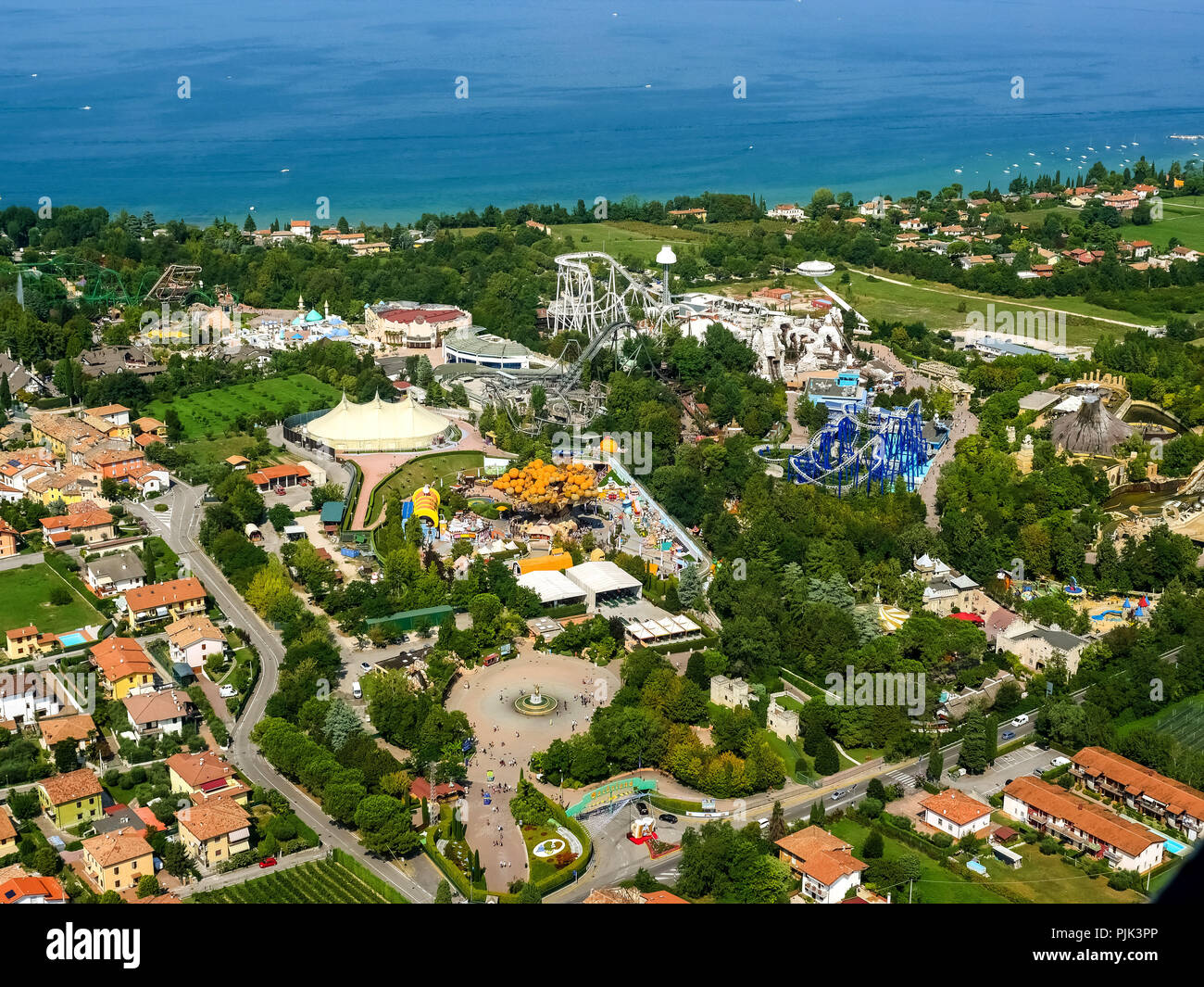 Aerial view, amusement park Gardaland, rollercoaster, Lake Garda, Lago ...