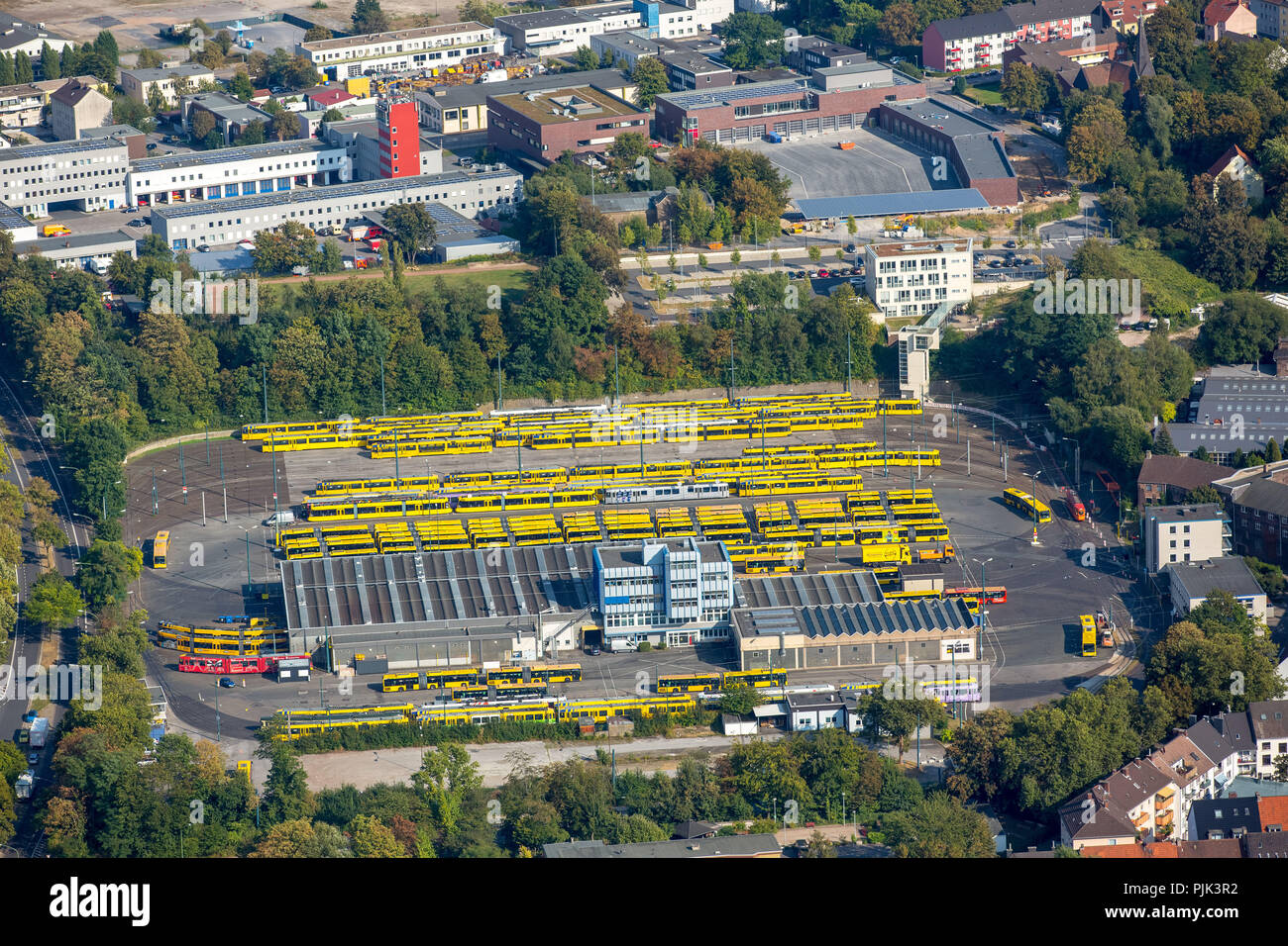 Aerial view, EVAG tram depot Essen with trams and buses, Essen, Ruhr ...