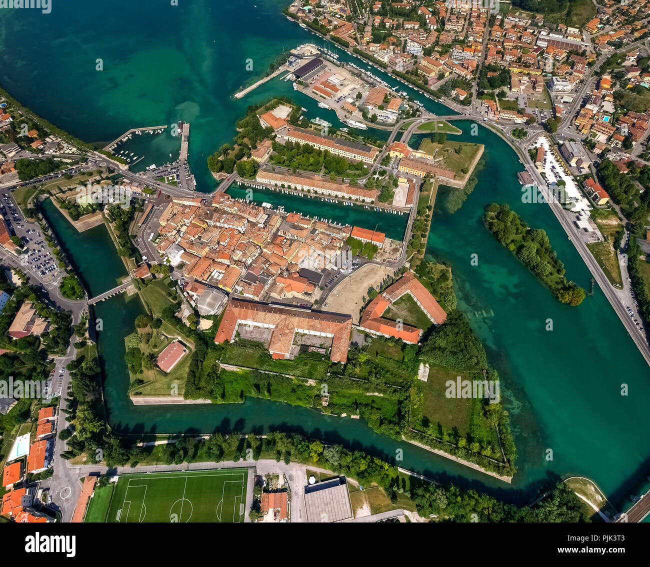 Aerial view, Comune di Peschiera del Garda on the river Mincio ...