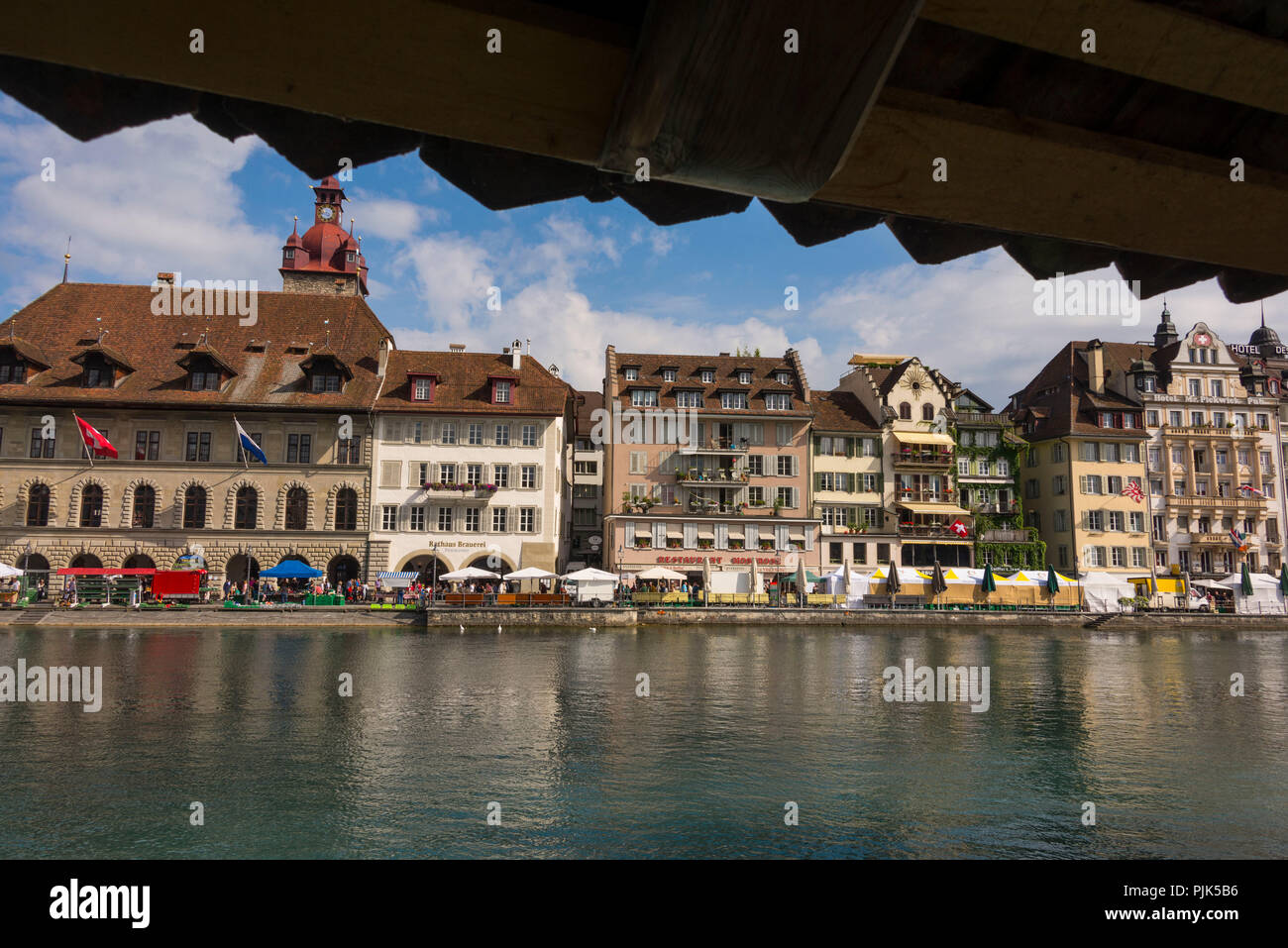 View from the Kapellbrücke to the Old Town, Lucerne, Lake Lucerne ...