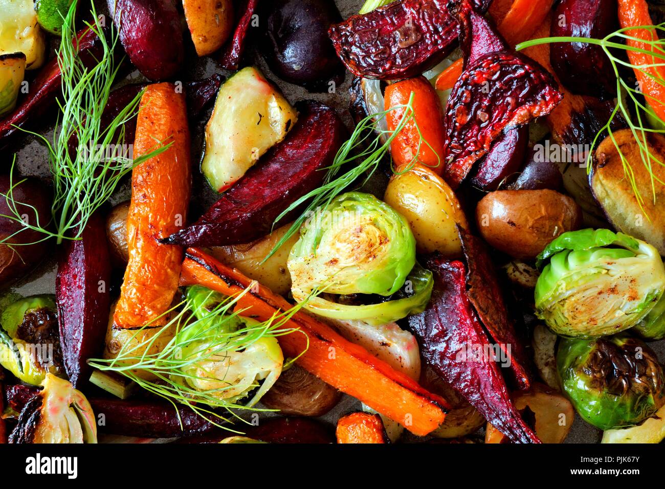 Full background of roasted colorful autumn vegetables, above view Stock ...