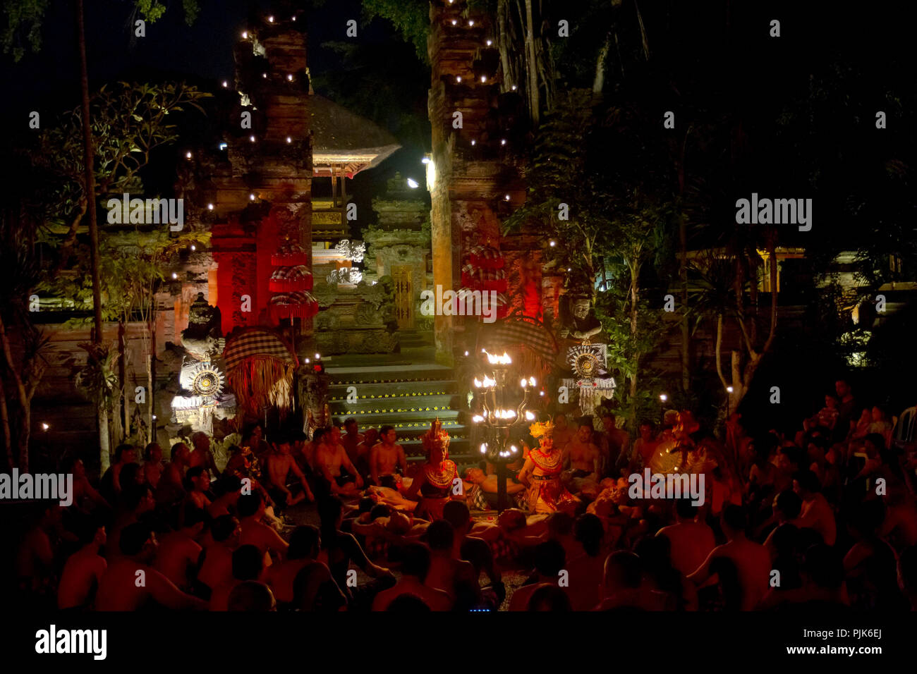 Traditional balinese fire dance in the temple pura dalem ubud hi-res ...
