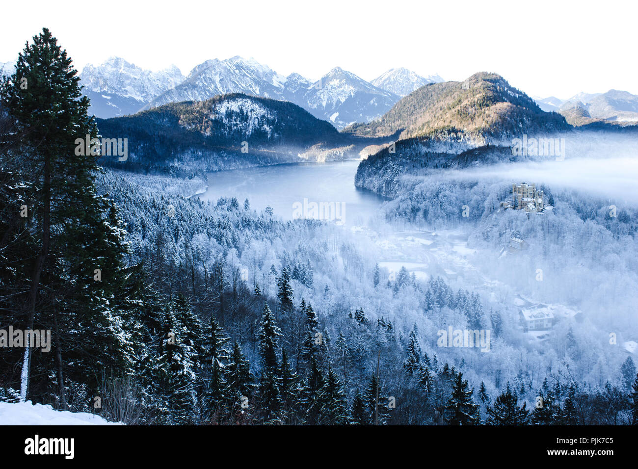 Germany, Bavaria, Allgäu, winter landscape with Hohenschwangau Castle ...