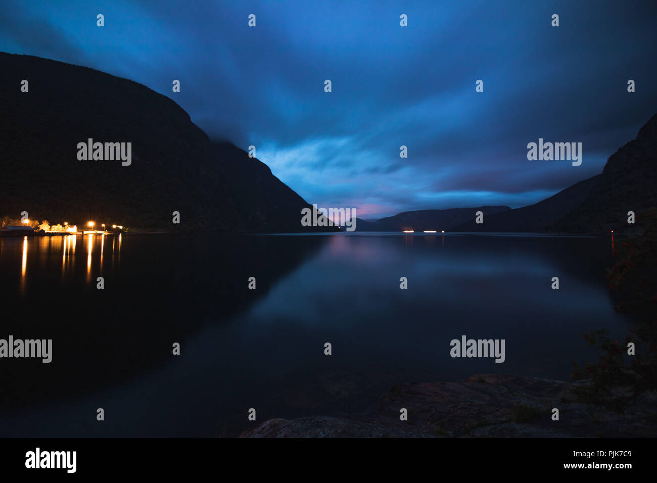 Norway, Sogn og Fjordane, Laerdal, Fjord, Lights, at night Stock Photo ...