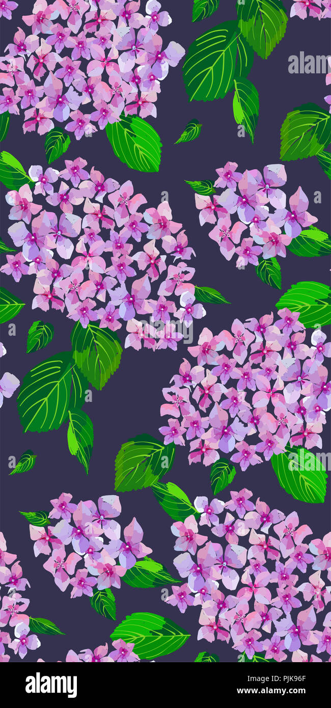 Garden Pink Hydrangea flowers seamless pattern. Botanical illustration in hand drawn style ...