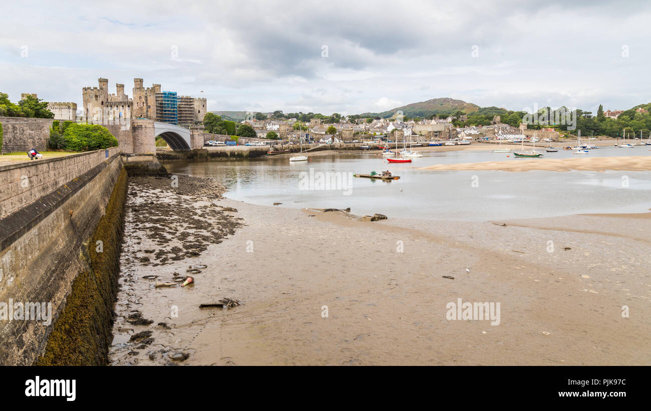 View on the river from Conwy Castle and Conwy Suspension Bridge Stock ...