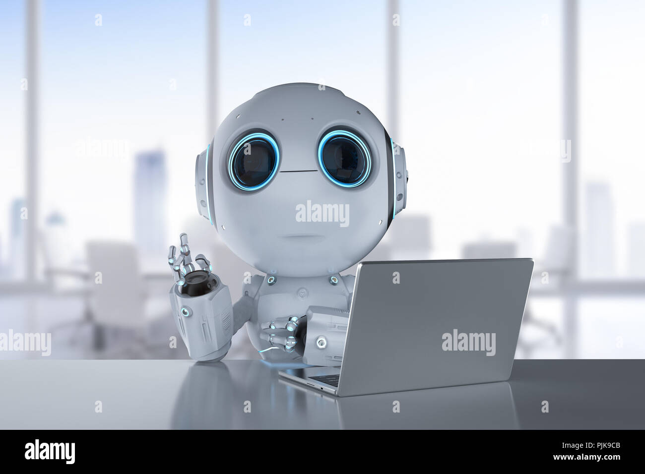 3d rendering cute artificial intelligence robot with computer notebook Stock Photo - Alamy