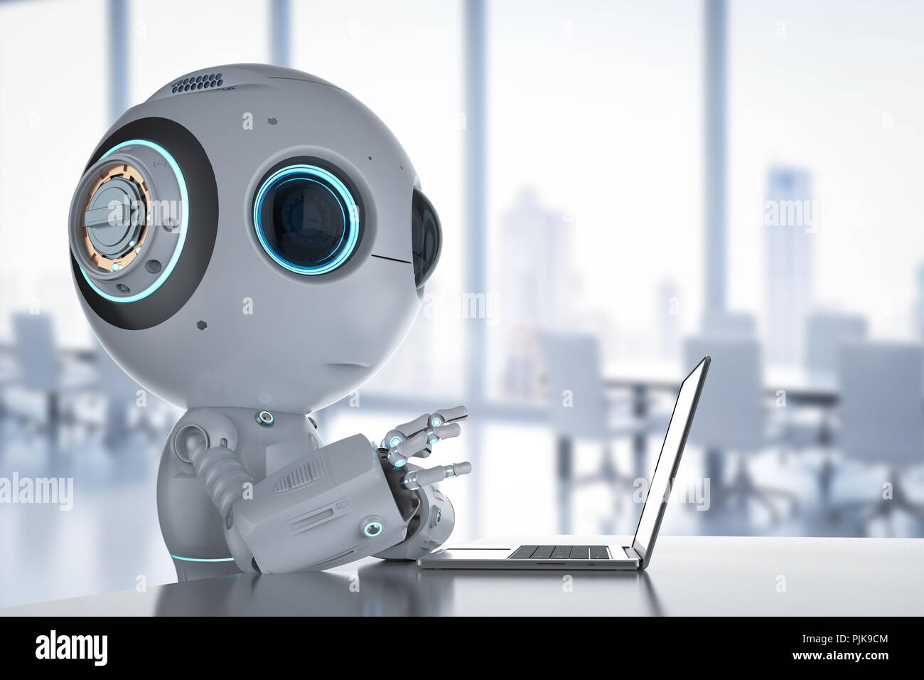 3d rendering cute artificial intelligence robot with computer notebook Stock Photo - Alamy