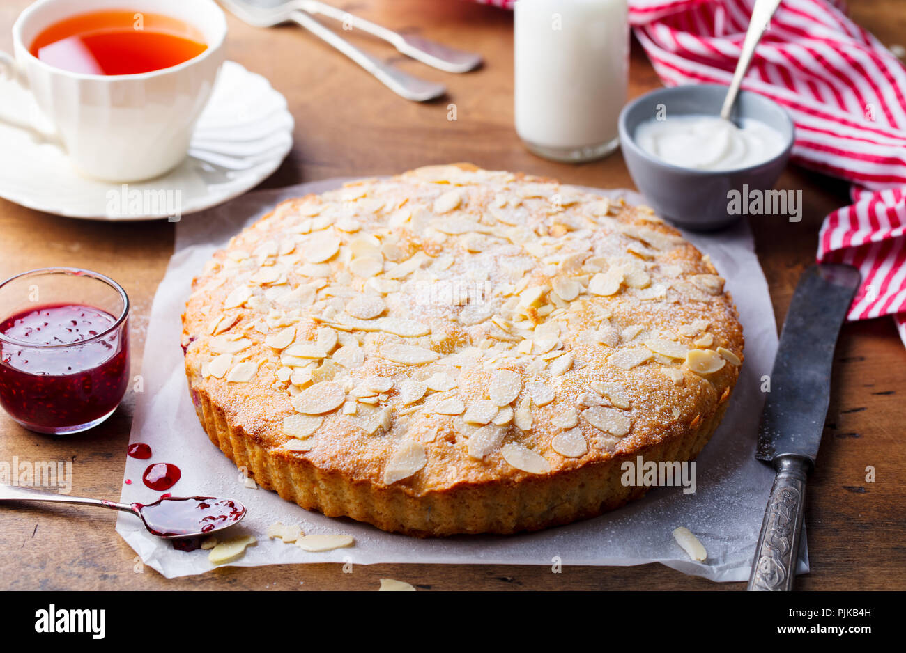 Almond and raspberry cake, Bakewell tart. Traditional British pastry ...