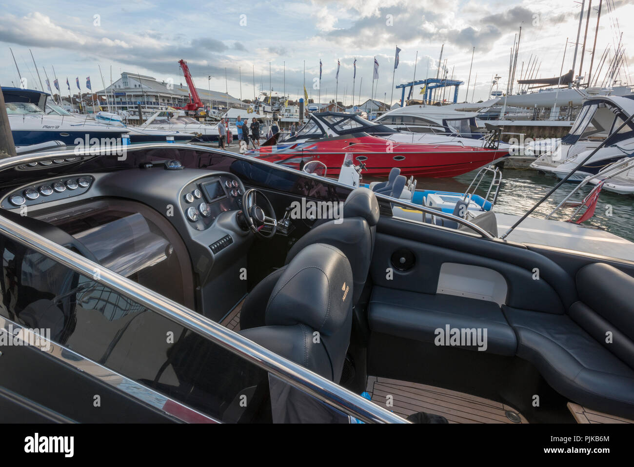 a state of the art modern and powerful speedboat or powerboat moored in ...