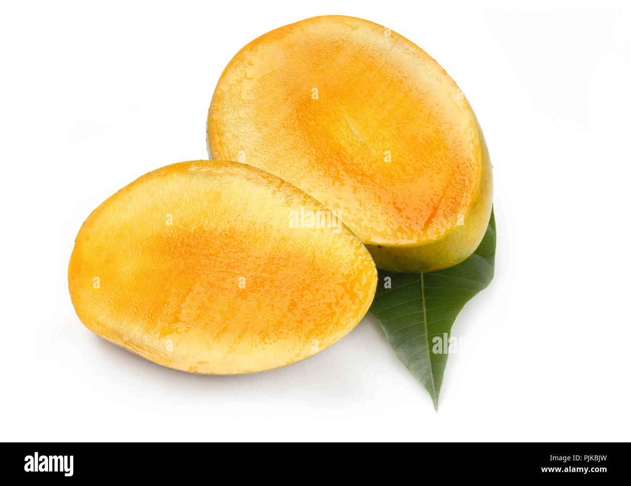 Mango fruit slice with green leaf isolated on white background Stock ...