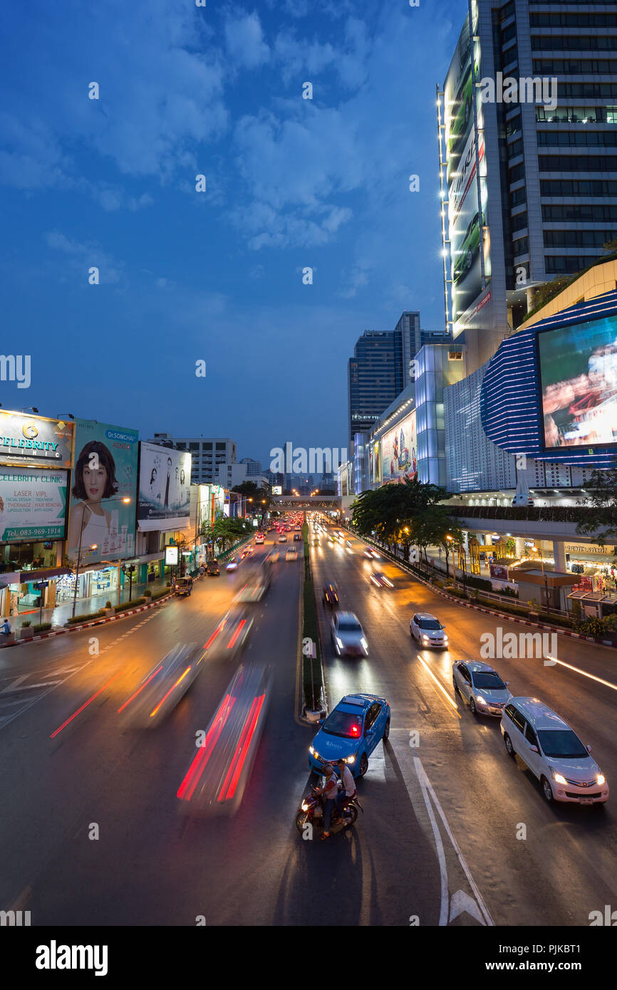 Scenic view of traffic on busy Phayathai Road and MBK Center shopping ...