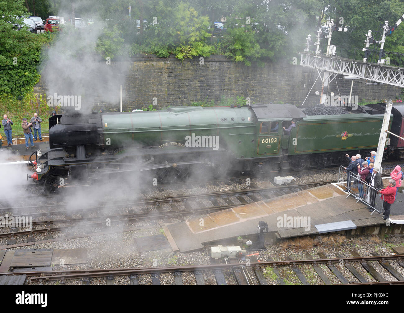 White steam from Flying scotsman steam locomotive on the east ...