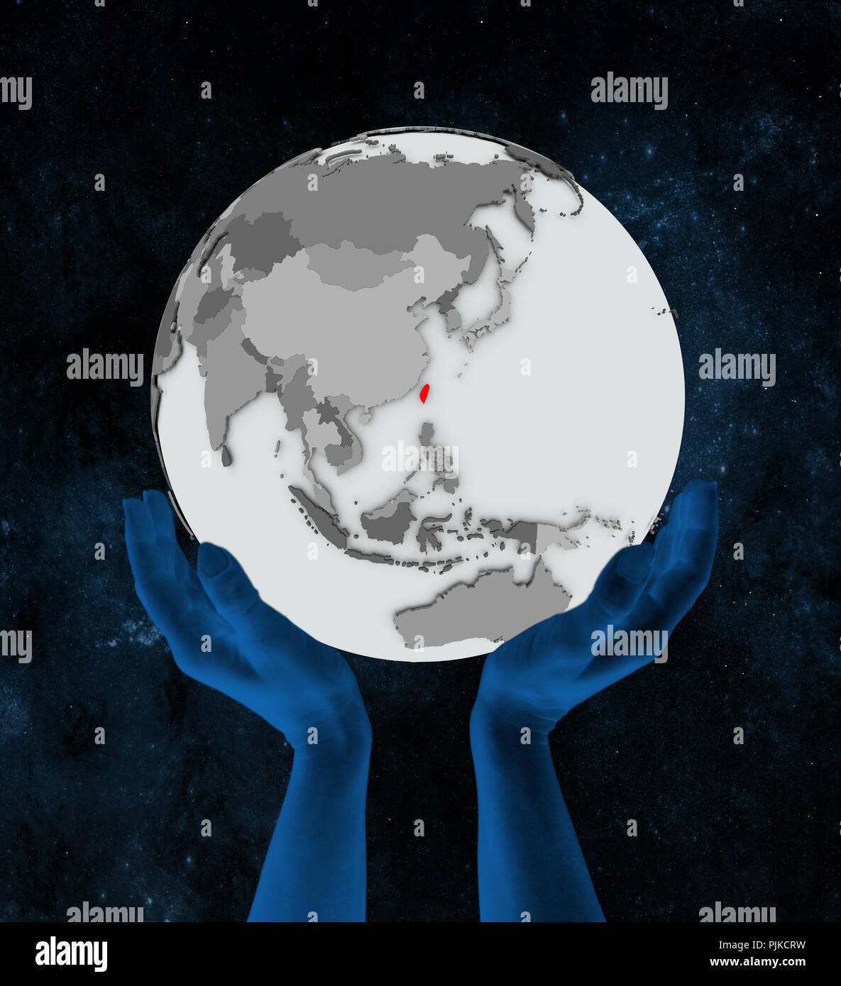 Taiwan with flag on globe in hands in space. 3D illustration Stock ...