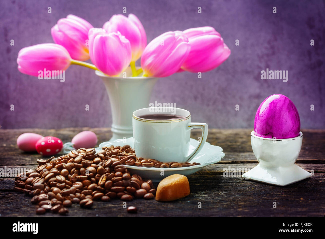 Easter breakfast, fresh coffee, easter eggs and tulips Stock Photo - Alamy