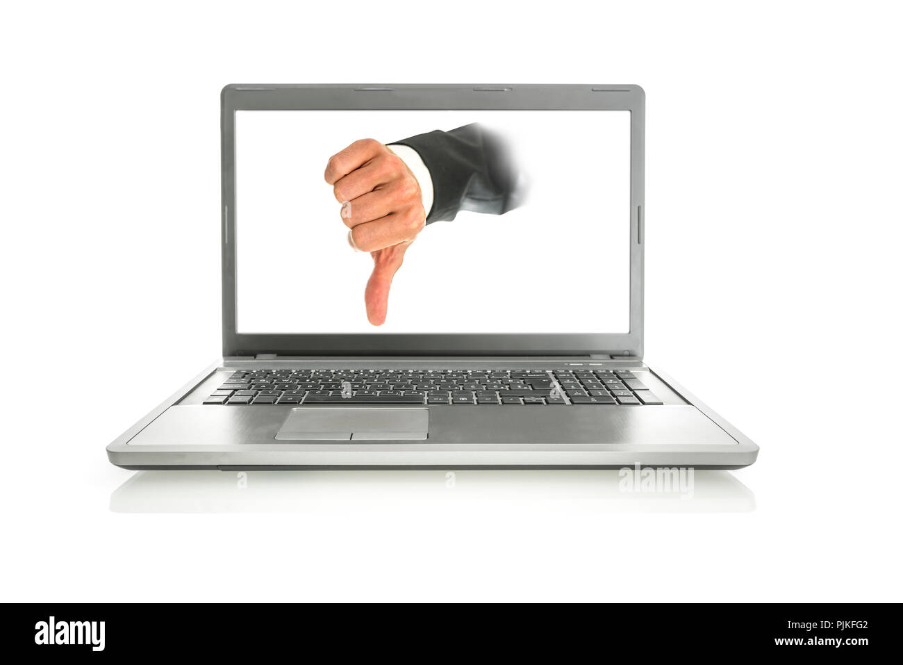 Thumbs down sign coming out of laptop monitor. Isolated over white ...