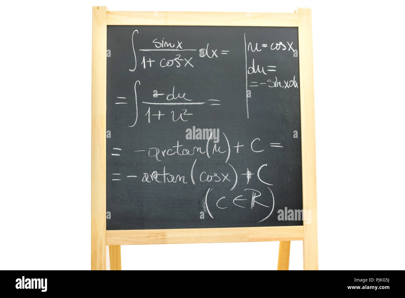 Complicated trigonometry equation written on black board. Isolated over ...
