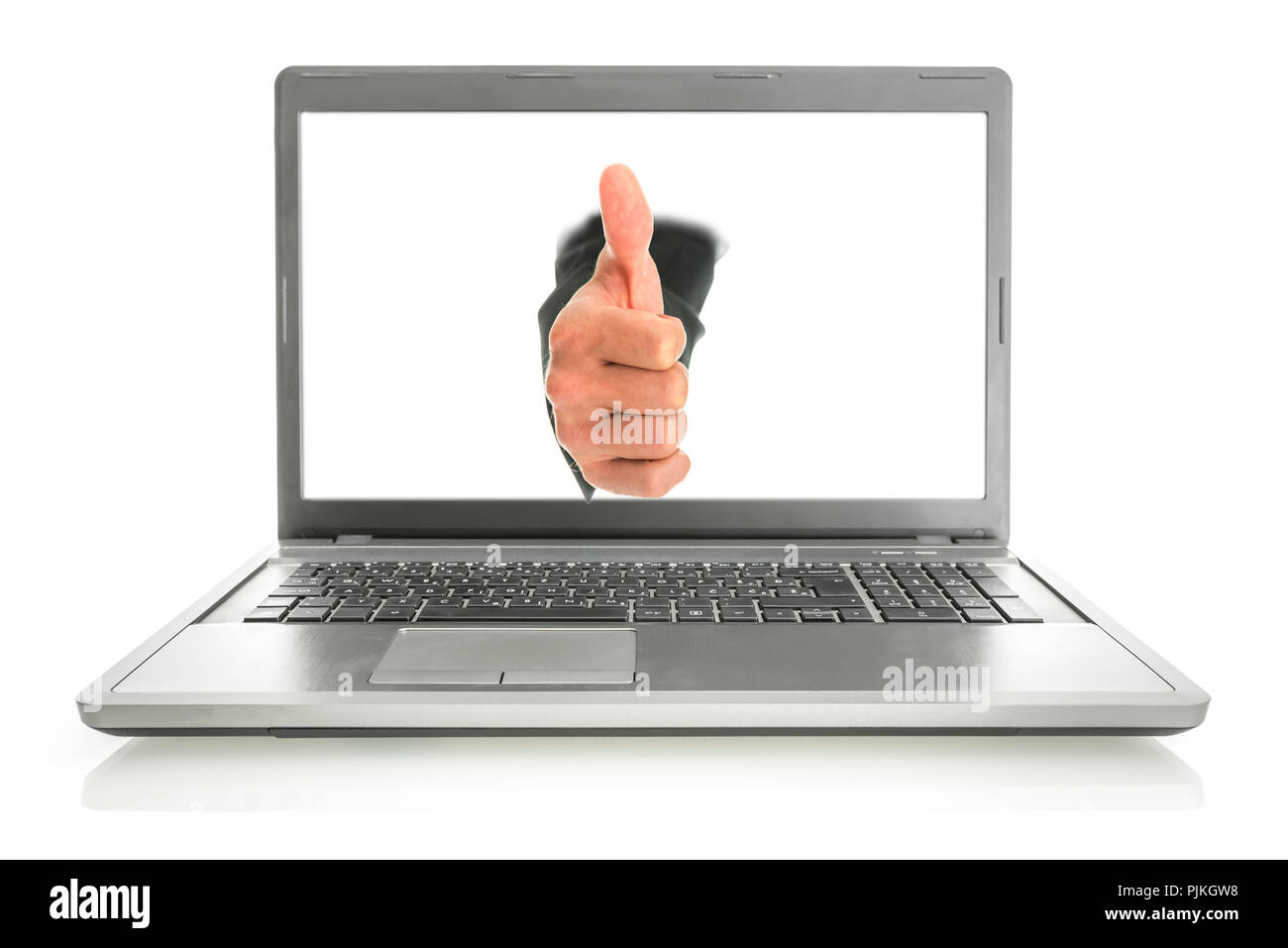 Male hand coming out of laptop monitor showing thumbs up. Isolated over ...
