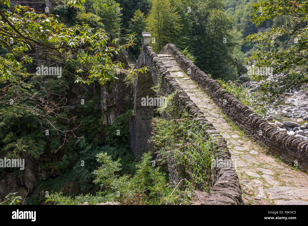 Roman bridge Ponte Romano over river Melezza, near Intragna, Centovalli ...