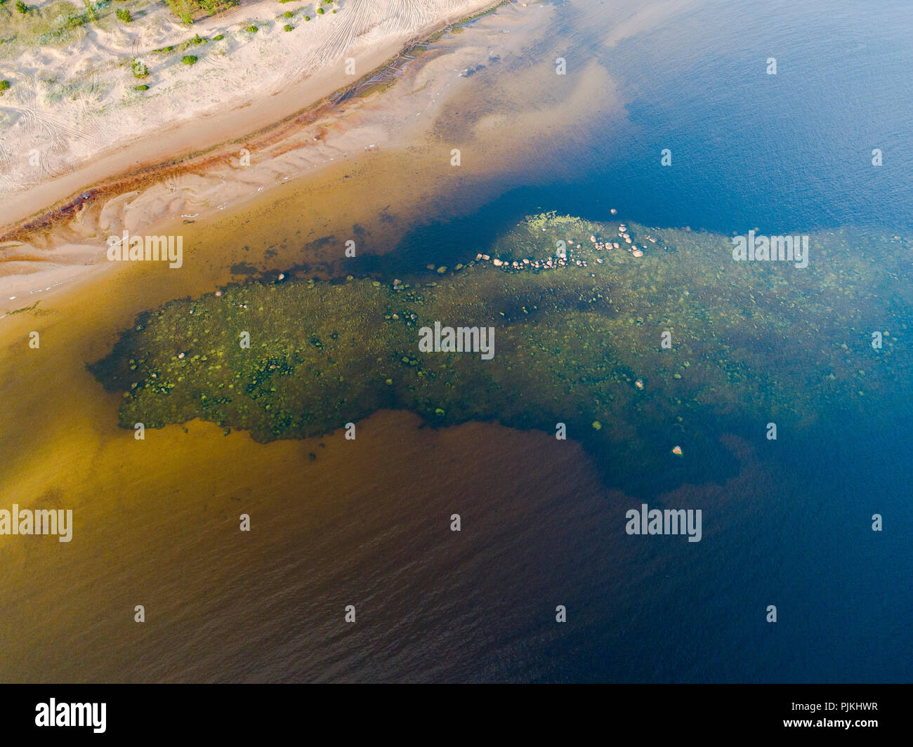 Aerial view of seashore with beach, lagoons and coral reefs. Coastline ...