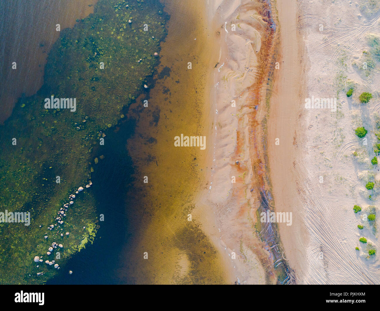 Aerial view of seashore with beach, lagoons and coral reefs. Coastline ...