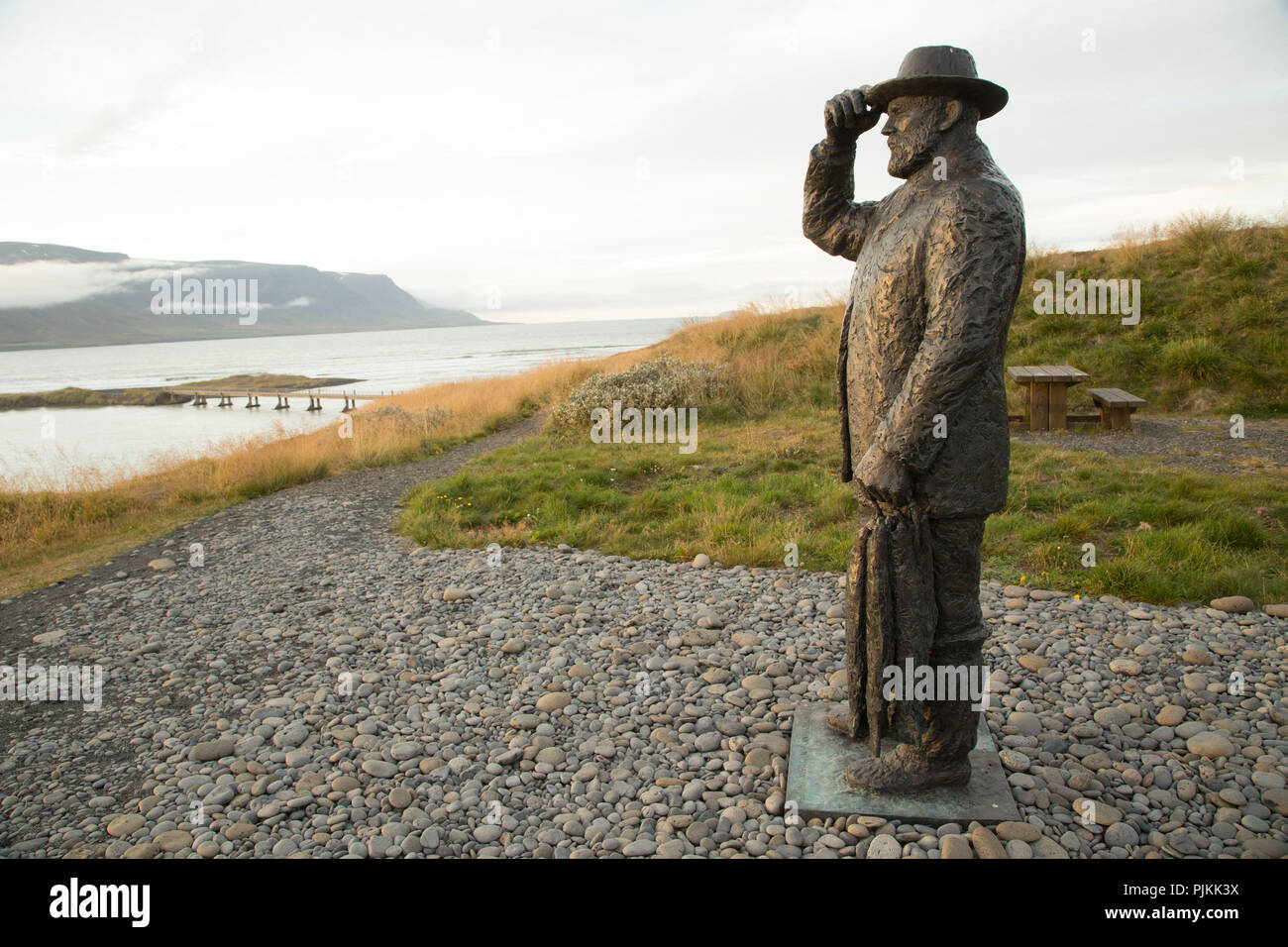 Iceland, statue of Jón Ósmann the famous ferryman, Skagafjordur Stock ...