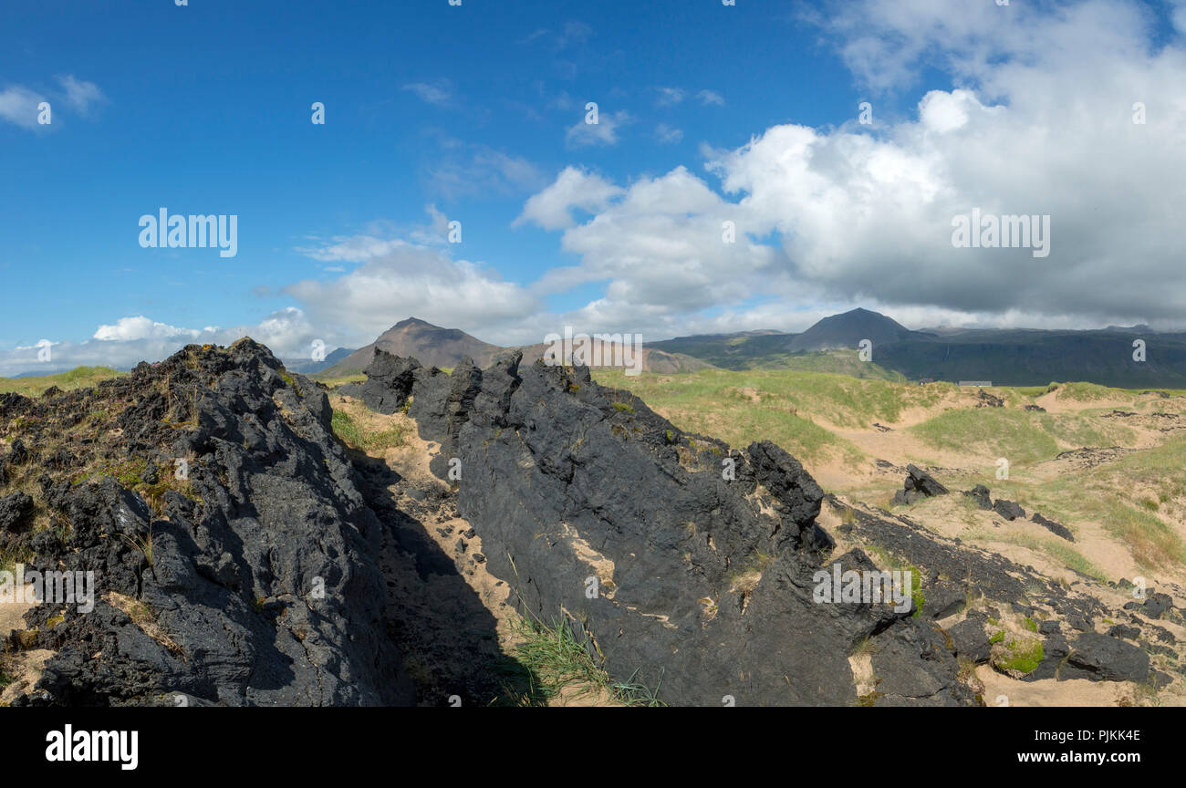 Iceland, Snaefellsnes, Budir, beach, bright sand, black rocks, grass ...