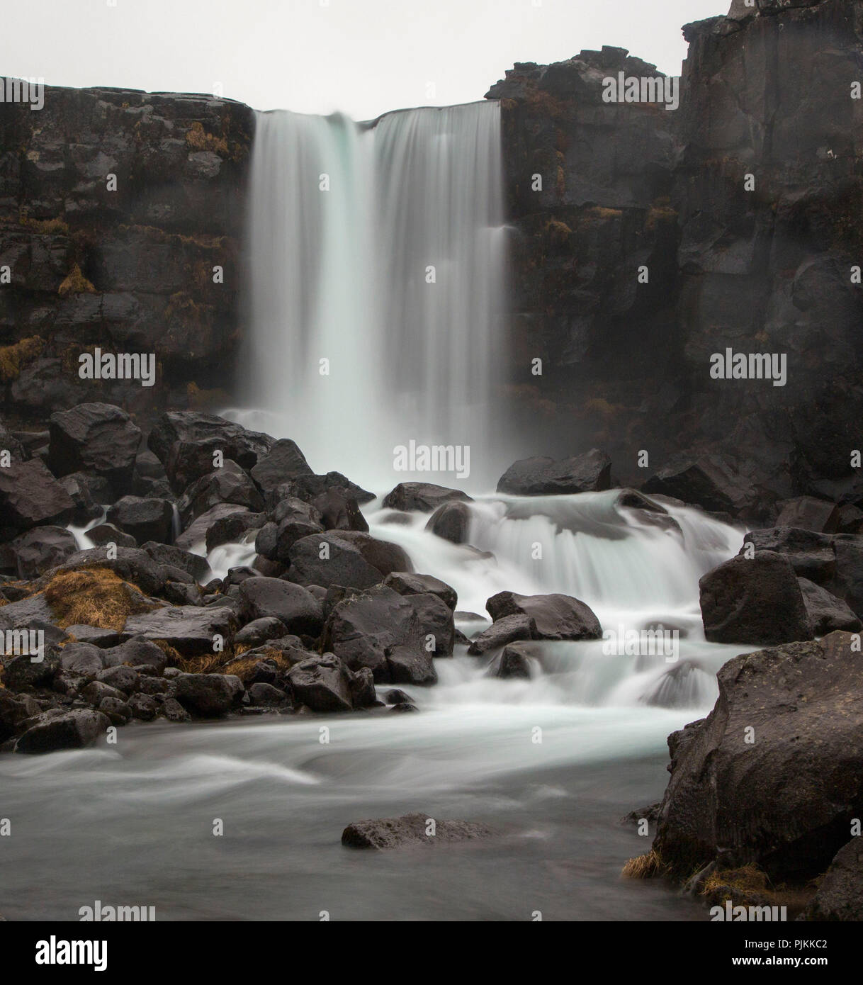 Iceland, Golden Circle, Thingvellir, Öxarárfoss, Waterfall, Rainy ...