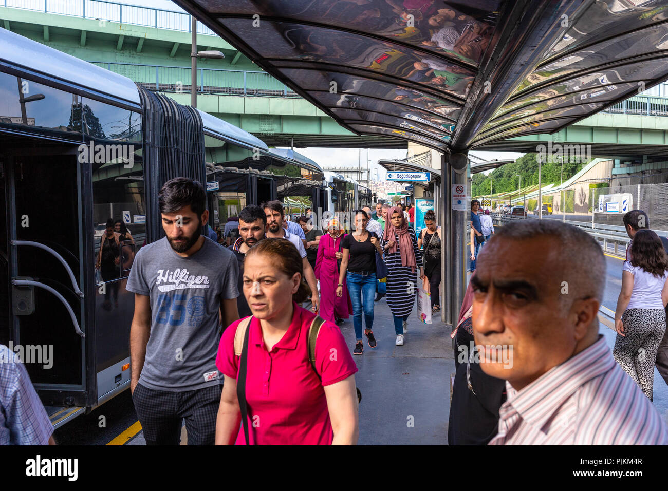 Exterior wide angle view from Metrobus line in Istanbul. Metrobus is a ...