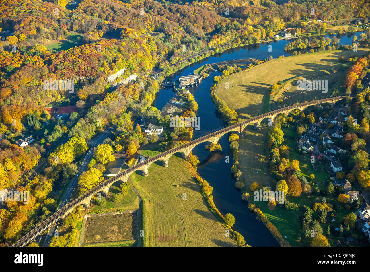 Aerial view, viaduct, railway bridge over the Ruhr, Ruhr valley, Witten ...