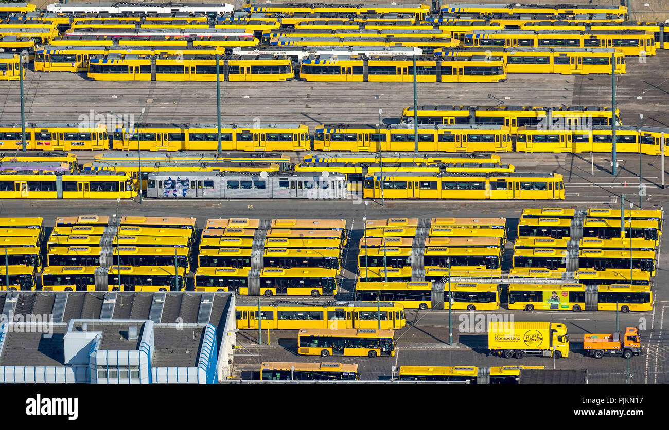 Aerial view, EVAG tram depot Essen with trams and buses, Essen, Ruhr ...
