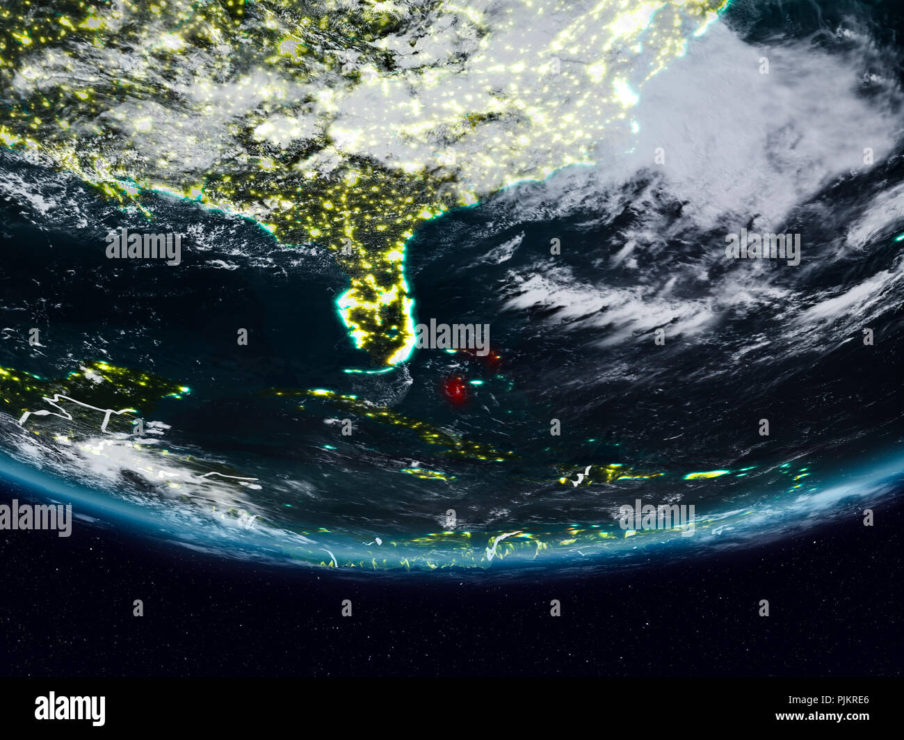 Bahamas on Earth at night with visible country borders. 3D illustration ...