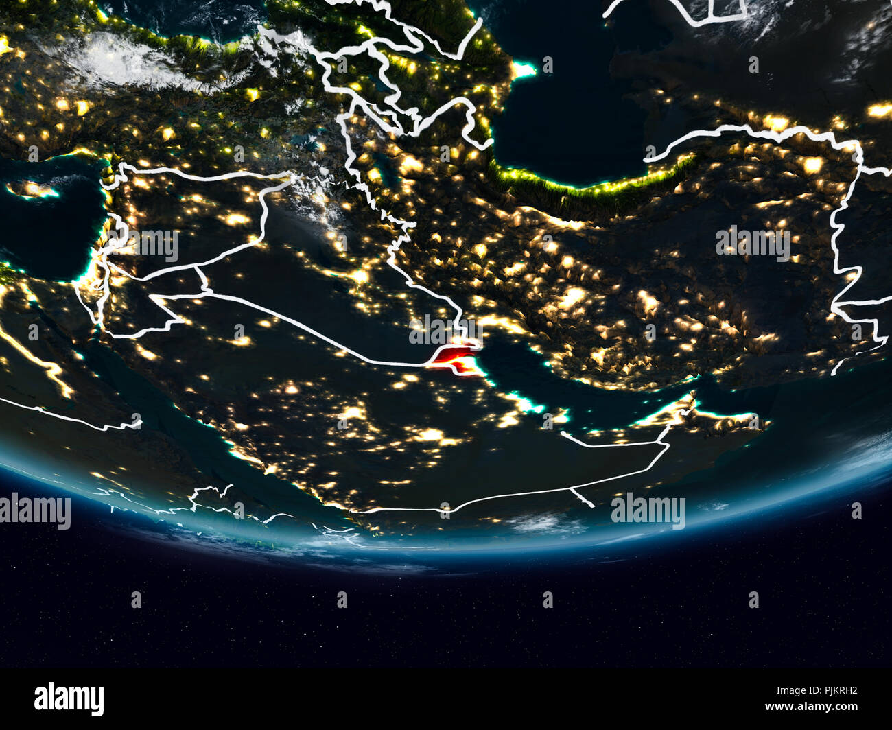 Kuwait on Earth at night with visible country borders. 3D illustration ...