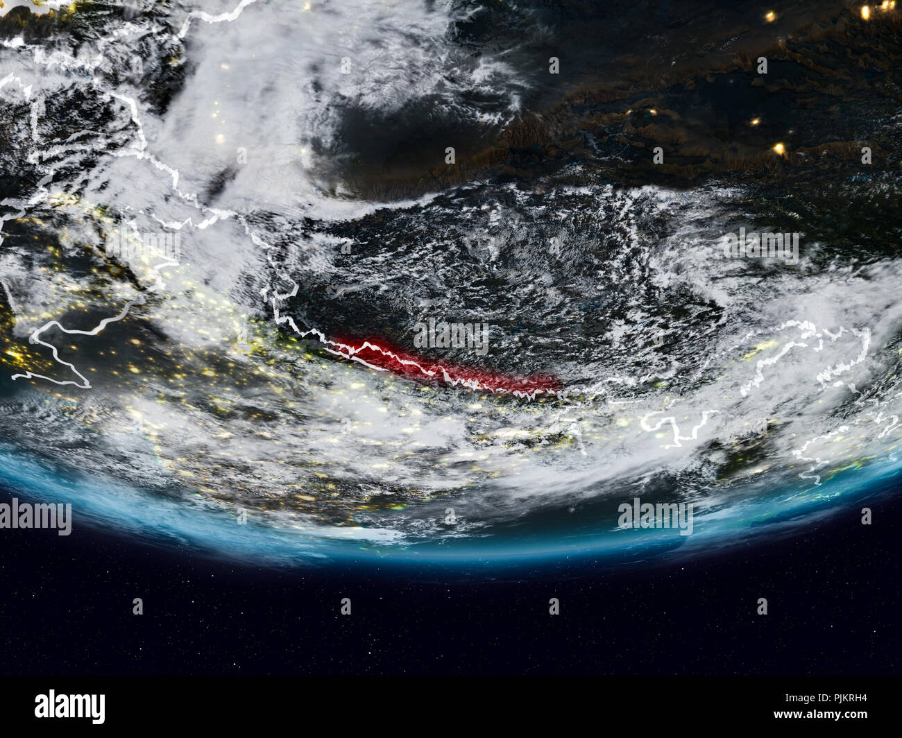 Nepal on Earth at night with visible country borders. 3D illustration ...