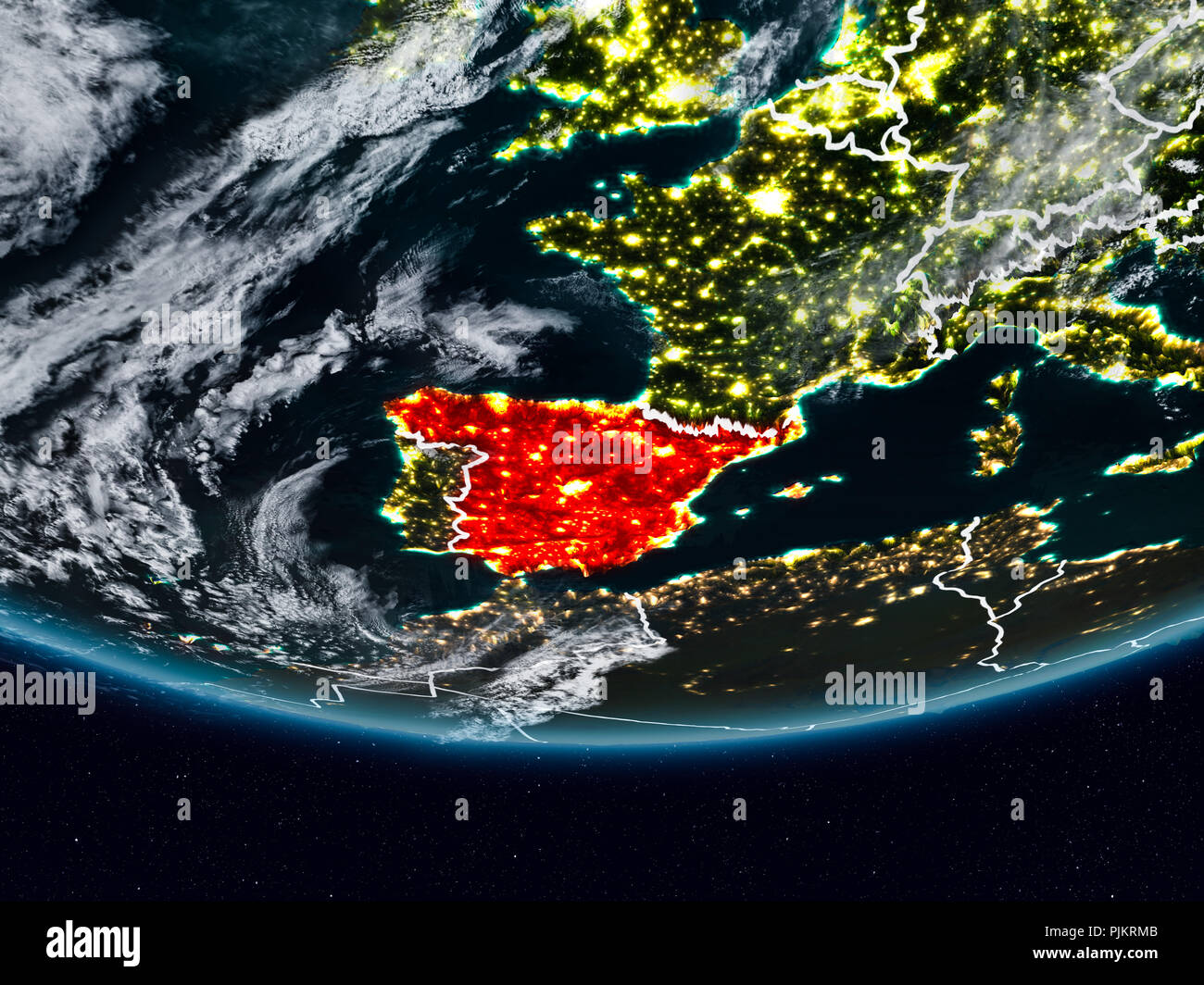 Spain on Earth at night with visible country borders. 3D illustration ...